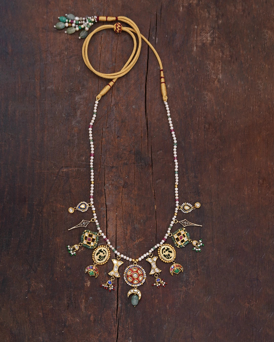 Shuchita Gold Polki Pearl and Multi-Gemstone Meenakari Tukdi Necklace ...